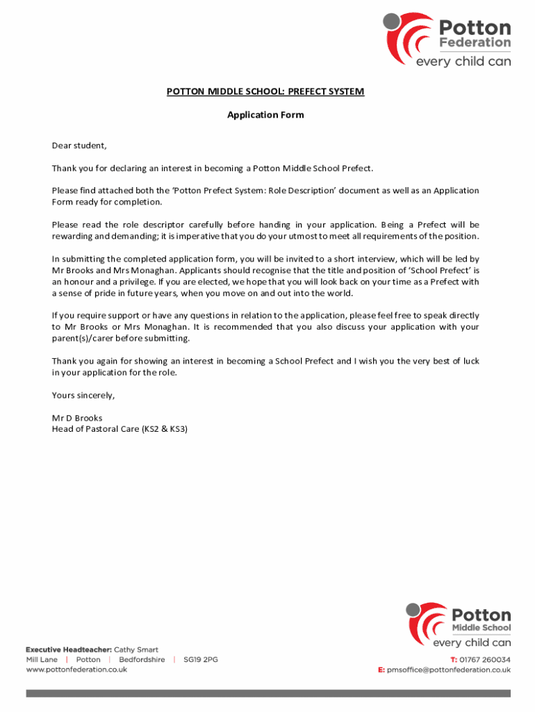 Fillable Online PREFECT SYSTEM Application Form - Potton Middle School ...