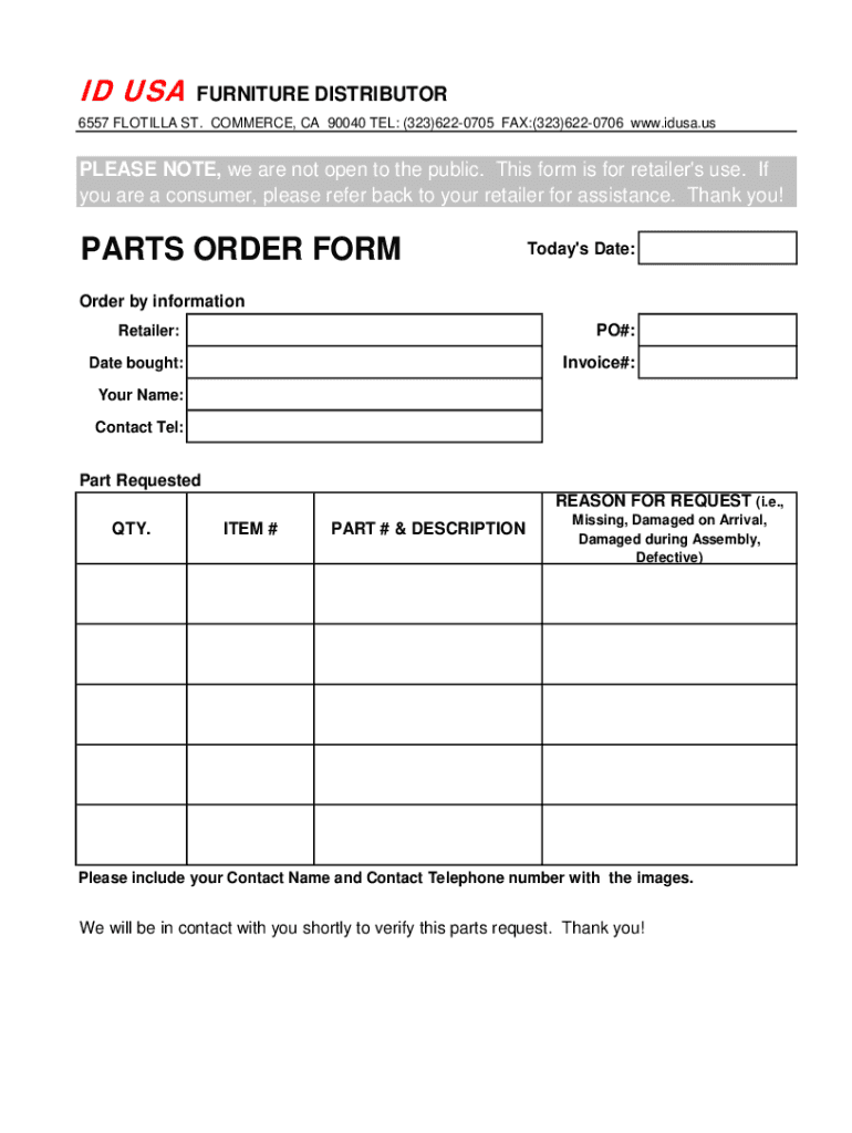 Fillable Online PARTS ORDER FORM - id usa furniture distributor Fax ...