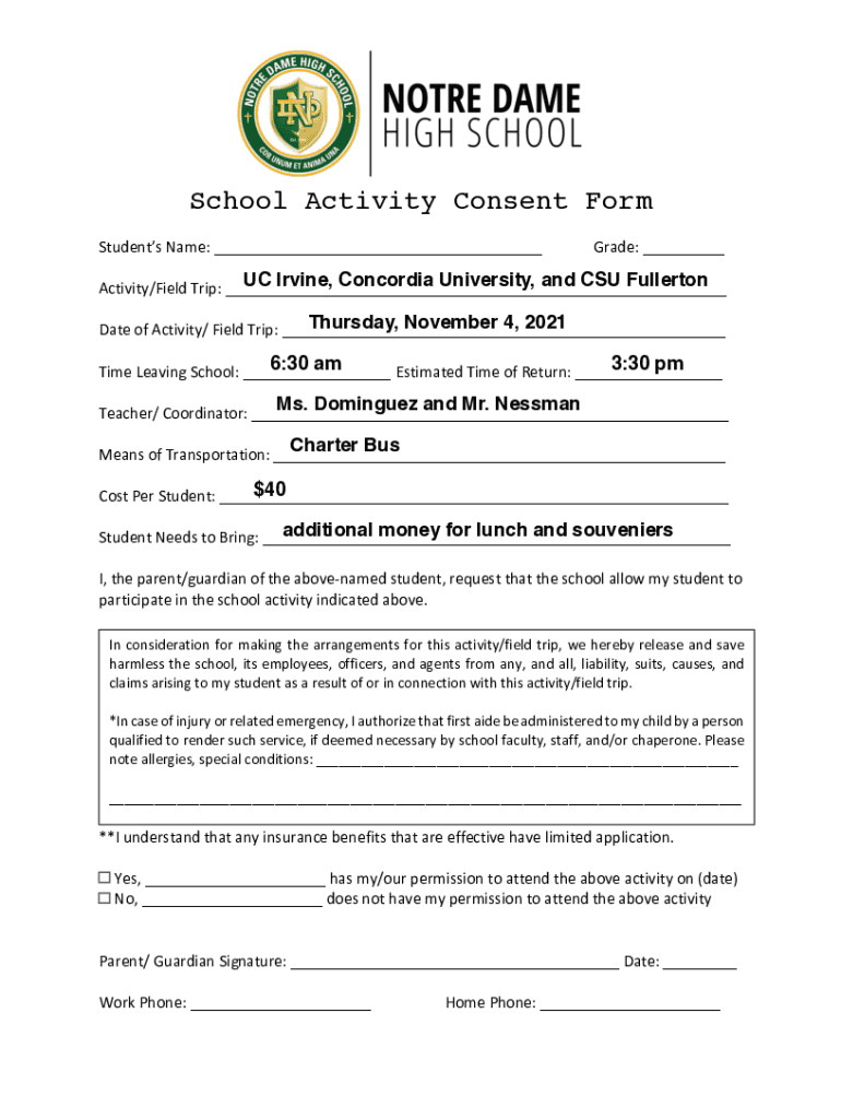 Fillable Online NDHS School Activity Consent Form.pdf Fax Email Print ...