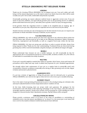 Fillable Online STELLA GROOMING PET RELEASE FORM Fax Email Print ...