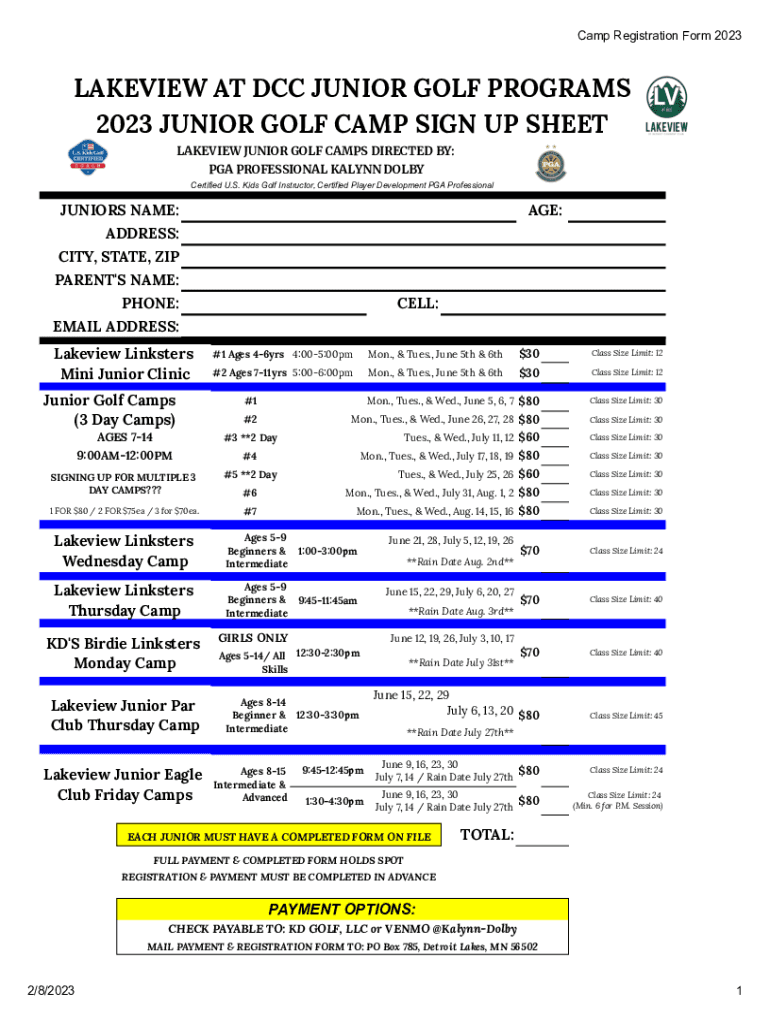 Fillable Online DCC Junior Golf - Camp Registration Form 2023 Fax Email ...