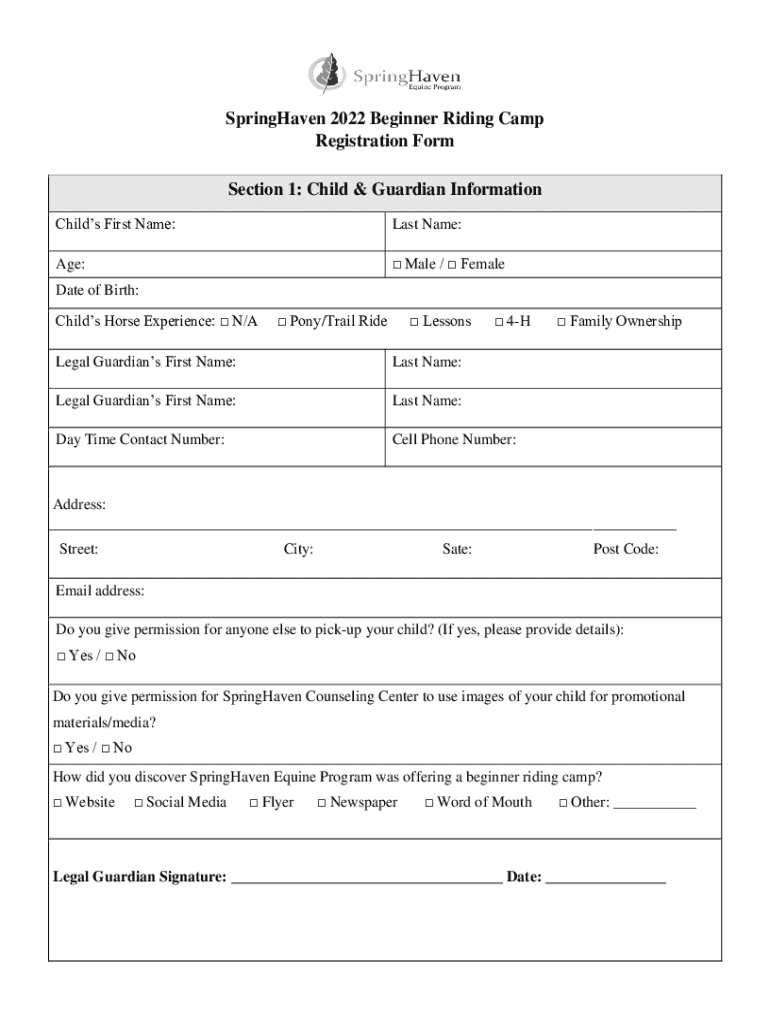 Fillable Online SpringHaven 2022 Beginner Riding Camp Registration Form ...