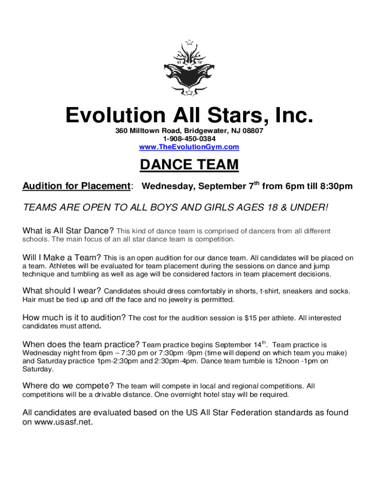 Fillable Online Evolution Training Center / Evolution All Stars Fax Email Print - pdfFiller