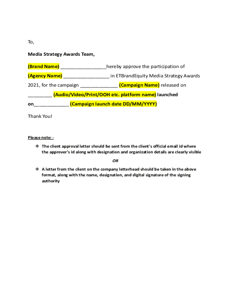 Fillable Online Client Approval Letter - Format for Media Strategy ...