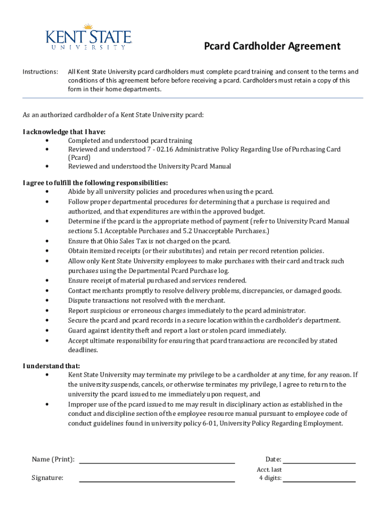 Fillable Online Pcard Cardholder Agreement Form Fax Email Print - pdfFiller
