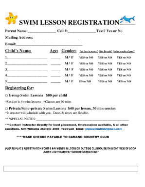 Fillable Online 2015 Swim Lesson Registration Form June 8July 10 Fax ...