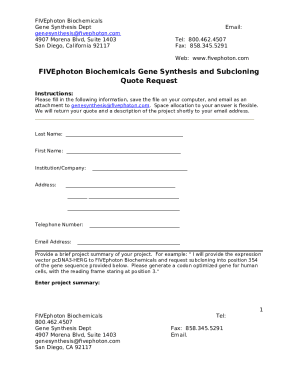 FIVEphoton Biochemicals Gene Synthesis and Subcloning Quote Request Doc ...