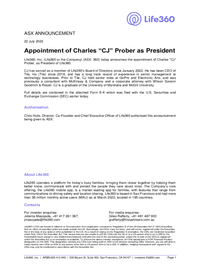 Fillable Online Ann: Appointment of CJ Prober as President/SEC Form 8-K ...