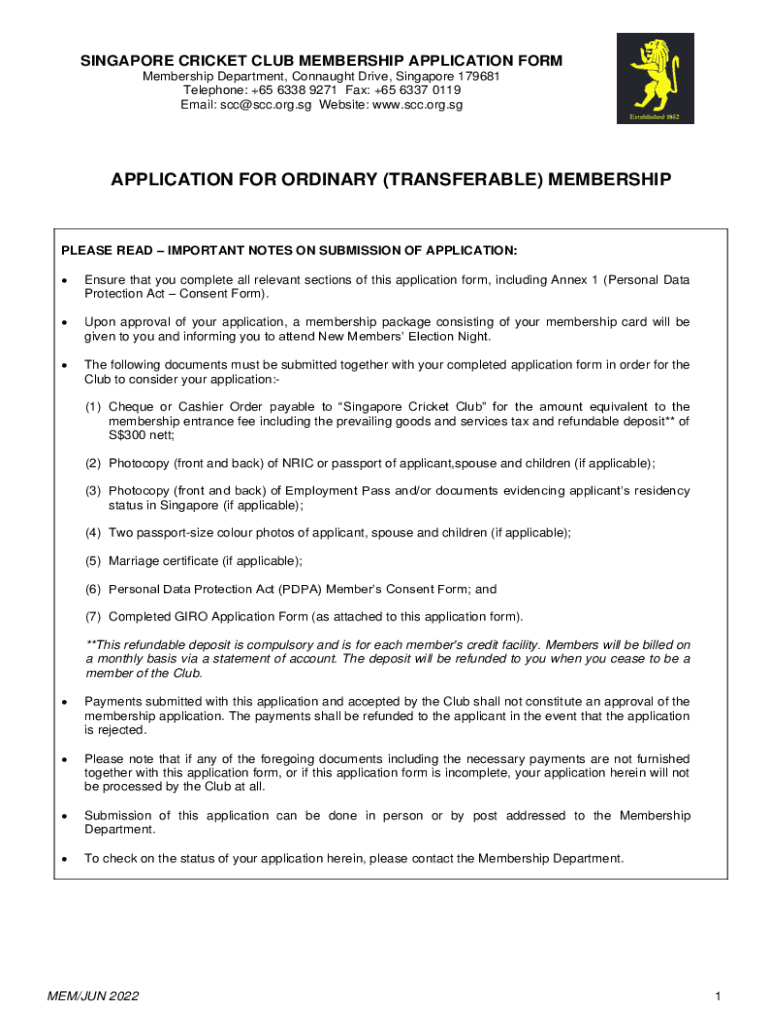 Fillable Online scc org Singapore Cricket Club Membership Application ...