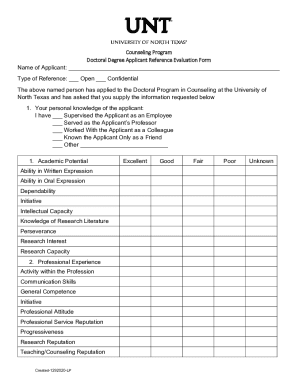 Fillable Online coe unt Doctoral Degree Applicant Reference Evaluation ...