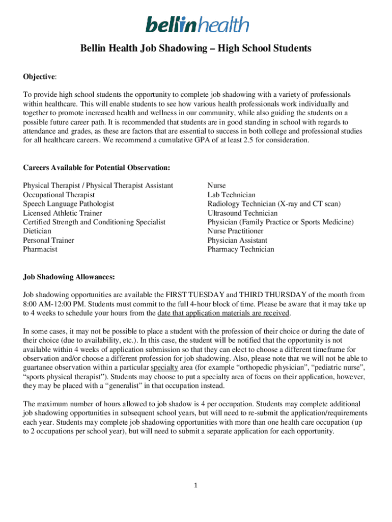 Fillable Online Health Professions - Medical Job Shadowing Fax Email ...