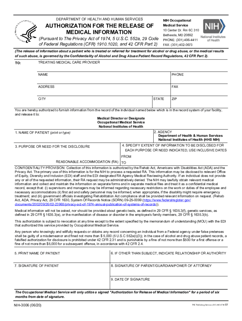 Fillable Online oma od nih FORM NIH-3007. Authorization for the Release ...