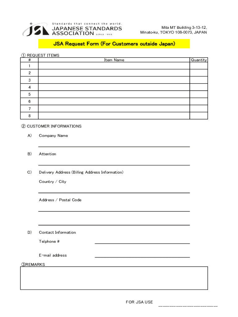 Fillable Online JSA Request Form (For Customers outside Japan) Fax ...
