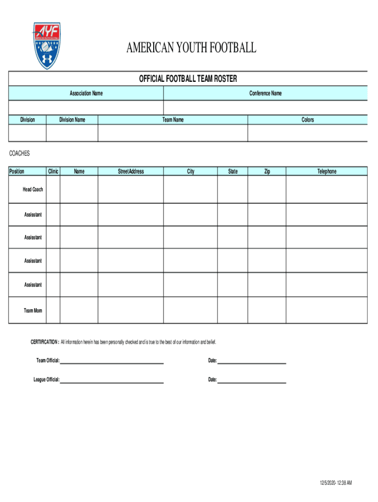 Fillable Online OFFICIAL FOOTBALL TEAM ROSTER Fax Email Print - pdfFiller