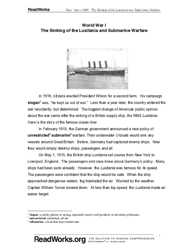 Fillable Online World War I: The Sinking of the Lusitania and Submarine ...
