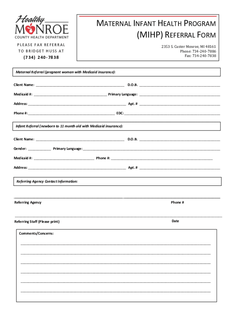 Fillable Online MATERNAL INFANT HEALTH PROGRAM (MIHP)REFERRAL FORM Fax ...