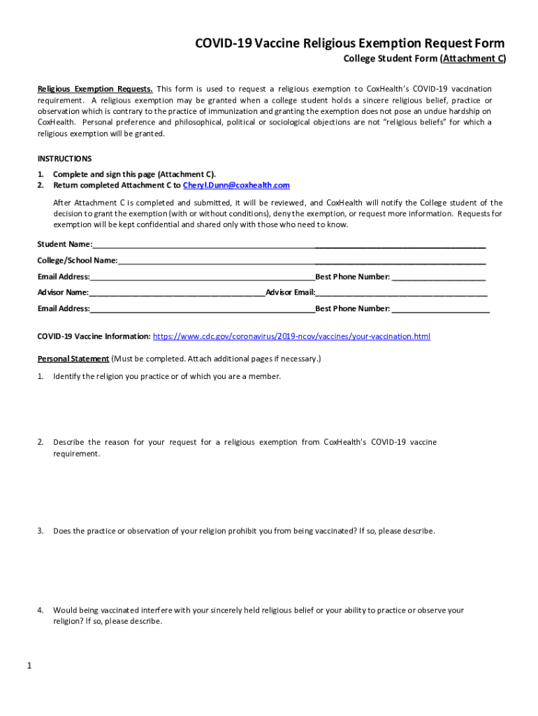 Fillable Online Covid-19 vaccine - religious exemption - religious org ...