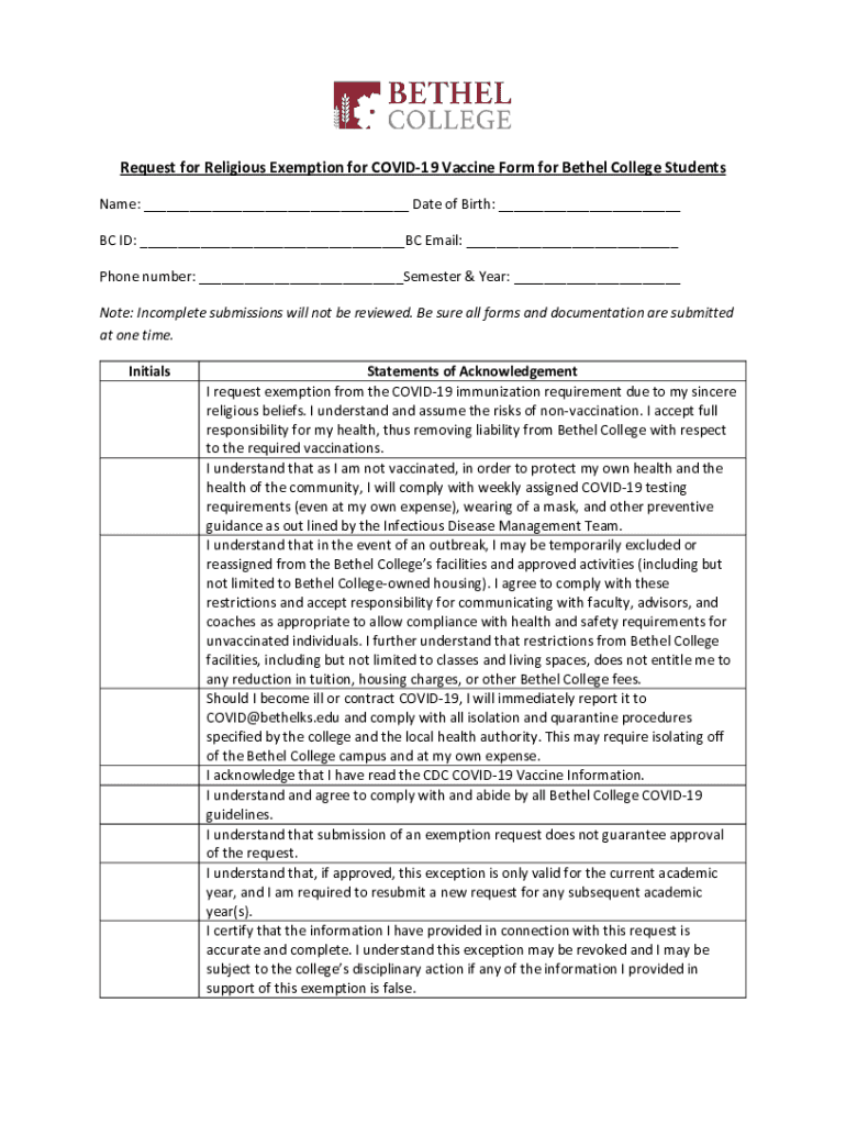 Fillable Online request for religious exemption to immunization and/or ...
