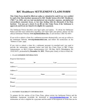 Fillable Online BJC Healthcare SETTLEMENT CLAIM FORM Fax Email Print ...