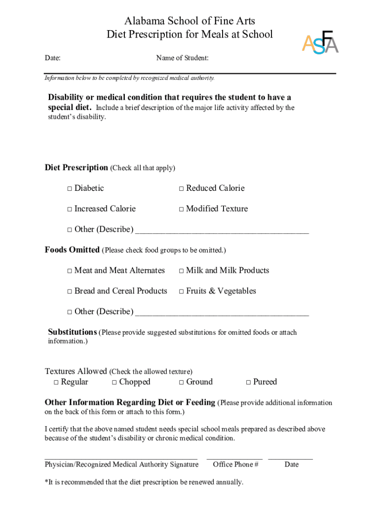 Fillable Online Diet Request for Meals at School Student Name Fax Email ...