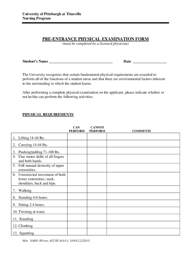 Fillable Online PRE-ENTRANCE PHYSICAL EXAMINATION FORM Fax Email Print ...