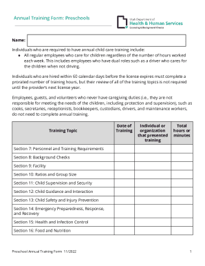 Fillable Online Annual Training Form: Preschools Utah Child Care ...