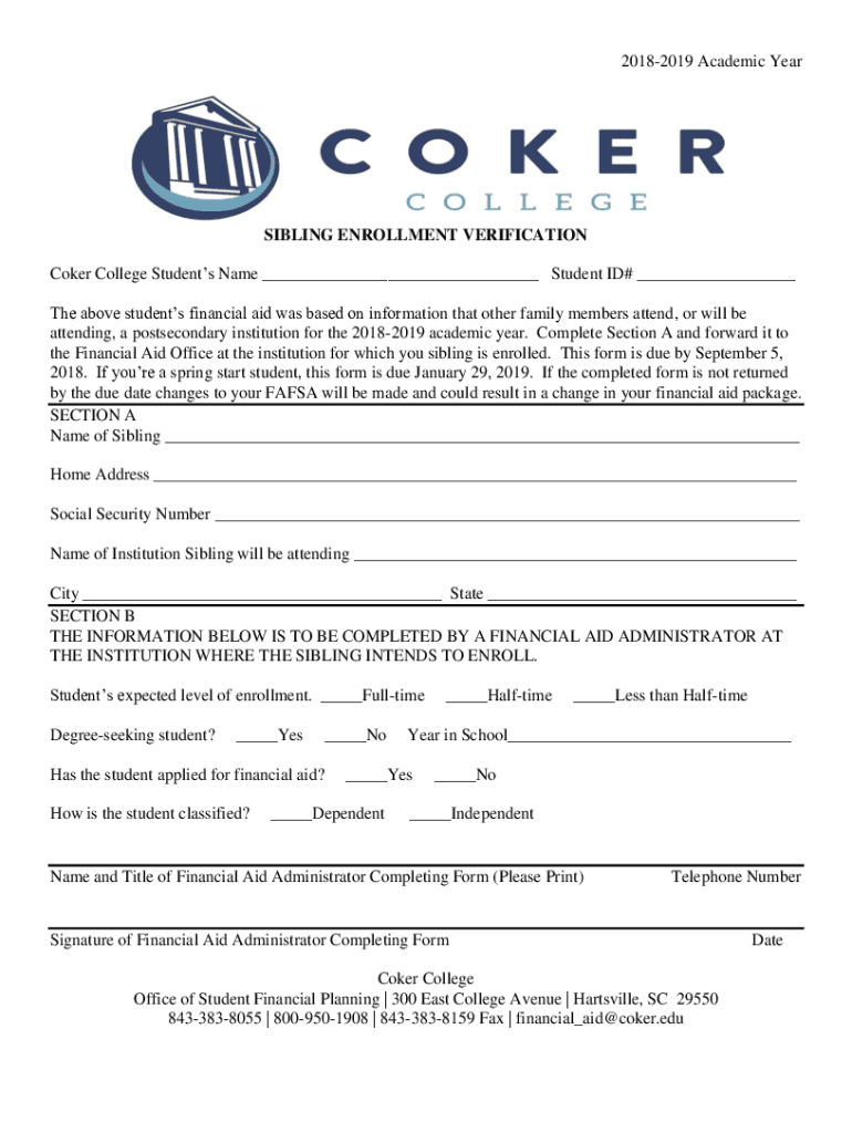 Fillable Online SIBLING ENROLLMENT VERIFICATION - Hartsville Fax Email ...