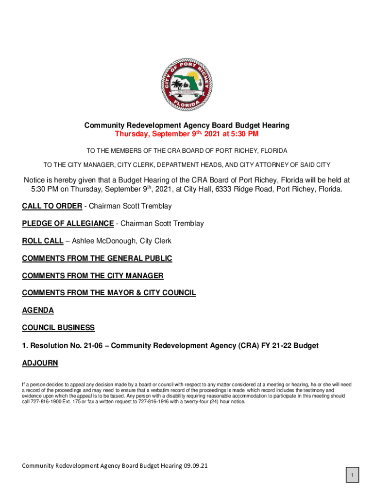 Fillable Online Community Redevelopment Agency Board Budget Hearing Fax ...