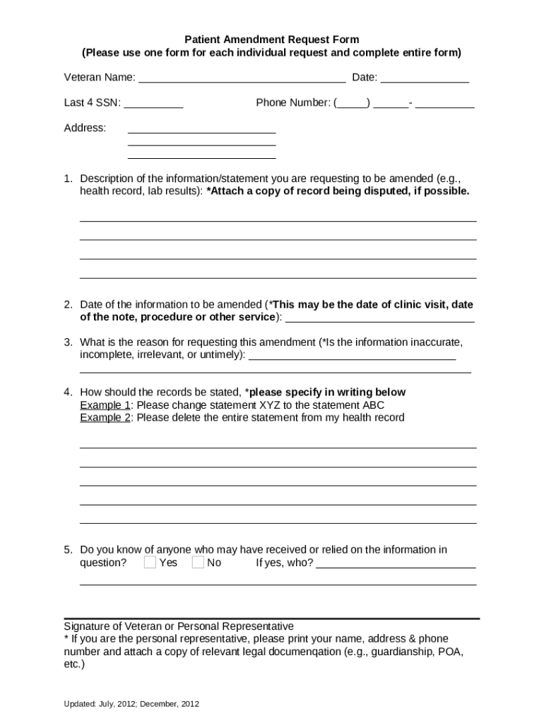 Patient Amendment Request Doc Template | pdfFiller