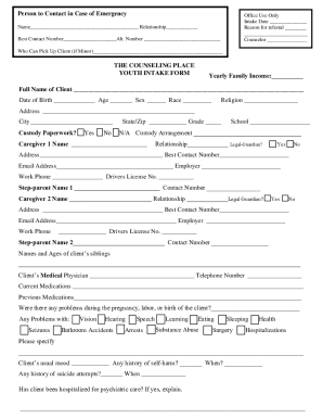 Fillable Online THE COUNSELING PLACE YOUTH INTAKE FORM Yearly ... Fax ...