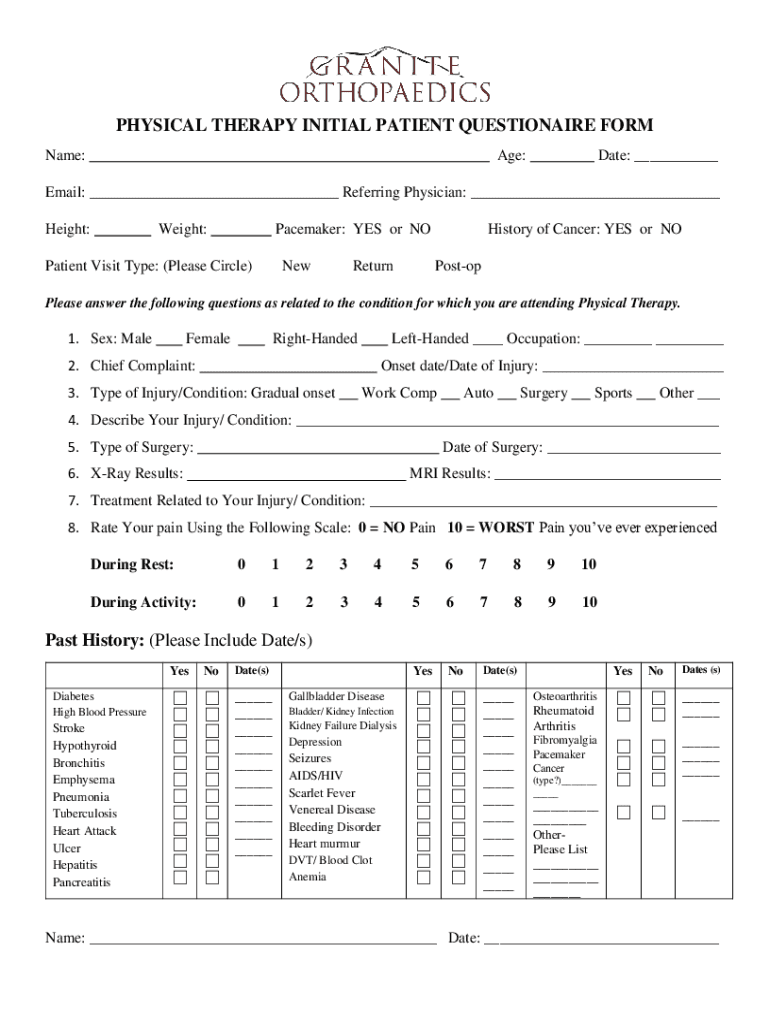 Fillable Online PHYSICAL THERAPY INITIAL PATIENT QUESTIONAIRE FORM ...