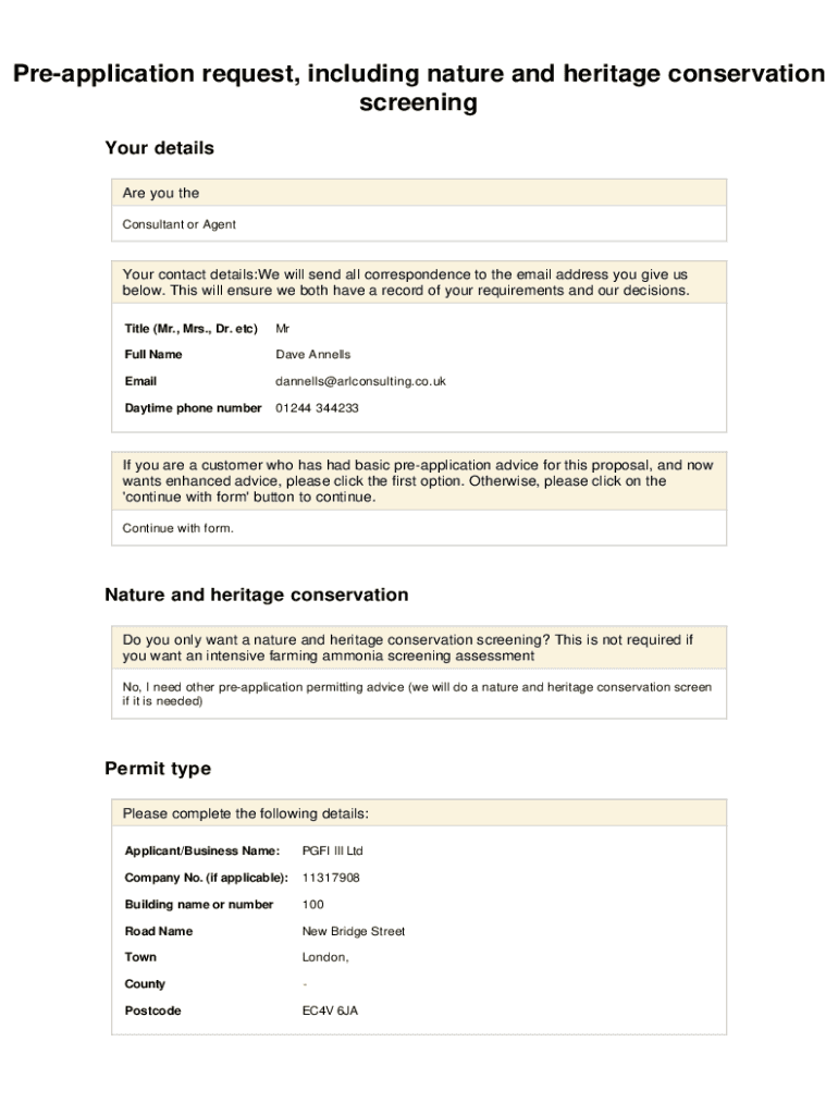 Fillable Online Pre-application request, including nature and heritage ... Fax Email Print ...