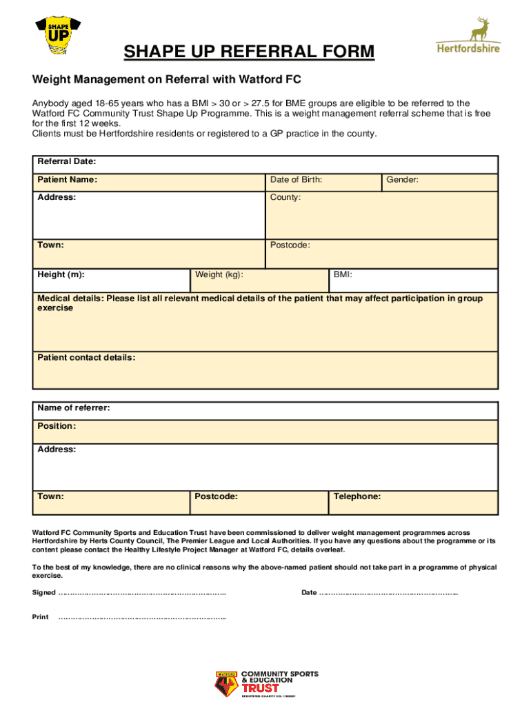 Fillable Online SHAPE UP REFERRAL FORM Fax Email Print - pdfFiller