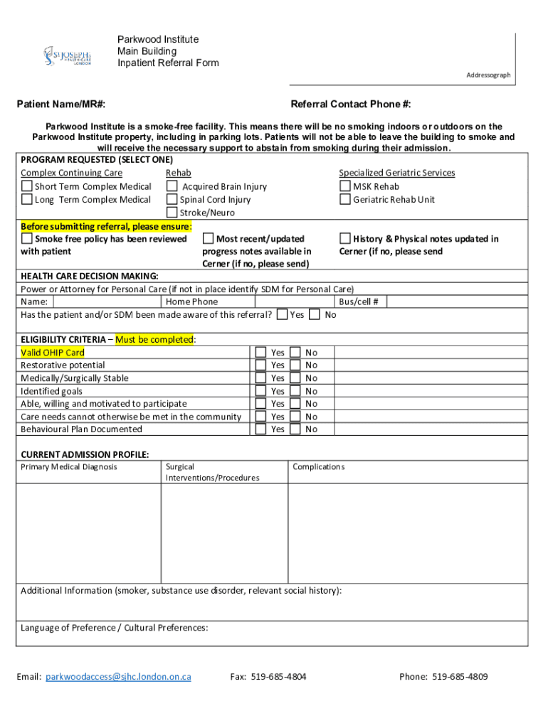 Fillable Online Inpatient Referral Form Parkwood Institute Main ...