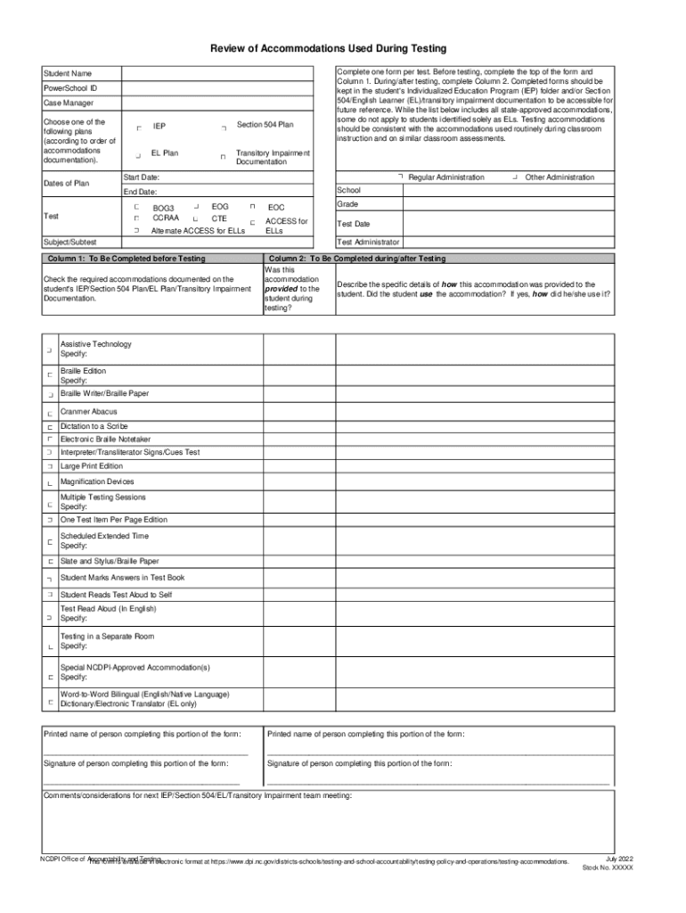 Fillable Online Review of Accommodations Used During Testing Form ...
