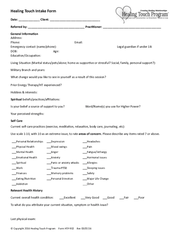 Fillable Online Fillable Online Healing Touch Intake Form Date Fax ...