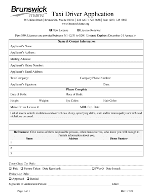 Fillable Online Taxi Driver Application - Brunswick, ME Fax Email Print ...