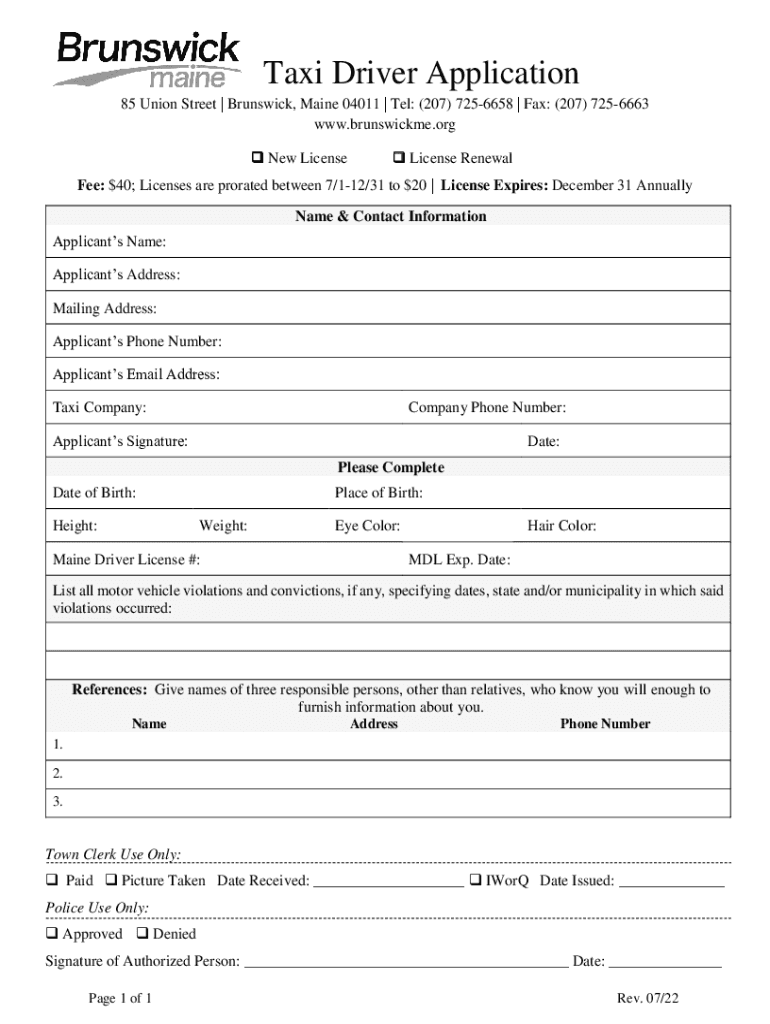 Fillable Online Taxi Driver Application - Brunswick, ME Fax Email Print ...