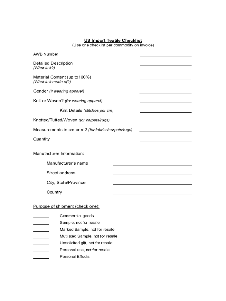 Fillable Online Us Import Textile Checklist - Fill Online, Printable, Fillable, ... Fax Email ...