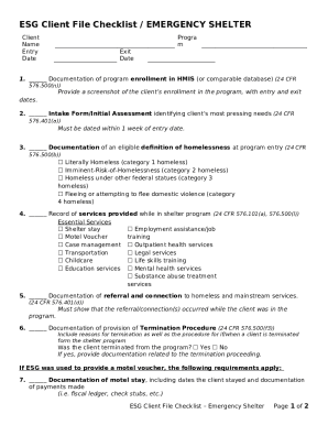 SAMPLE ESG Shelter Client File Checklist Doc Template | pdfFiller