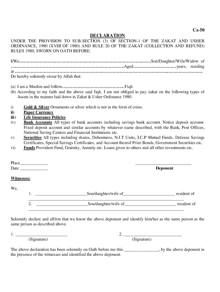 Fillable Online Affidavit of zakat exemption sample - Zakat Declaration (CZ ... Fax Email Print ...