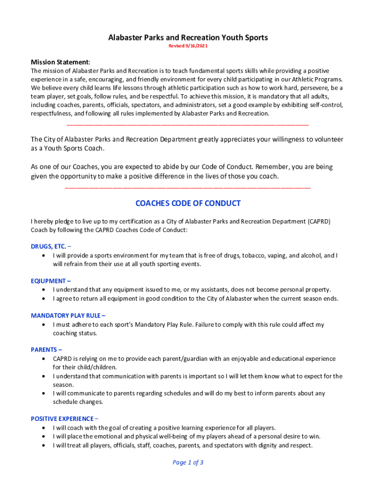 Fillable Online Alabaster Parks and Recreation Youth Sports COACHES CODE OF ... Fax Email Print ...