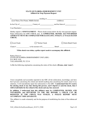 Fillable Online State of Florida Disbursement Unit Affidavit for Stop ...