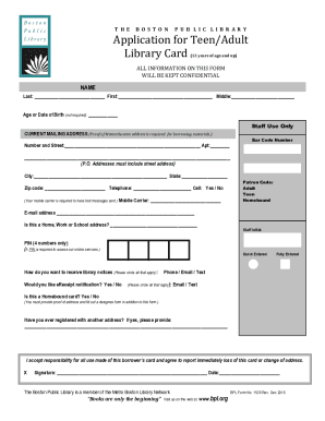 Fillable Online Application for Teen/Adult Library Card (13 years of ...