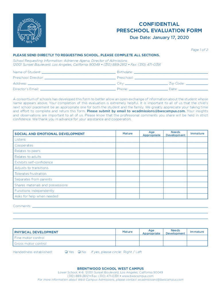 Fillable Online CONFIDENTIAL PRESCHOOL EVALUATION FORM - Due Date Fax Email Print - pdfFiller