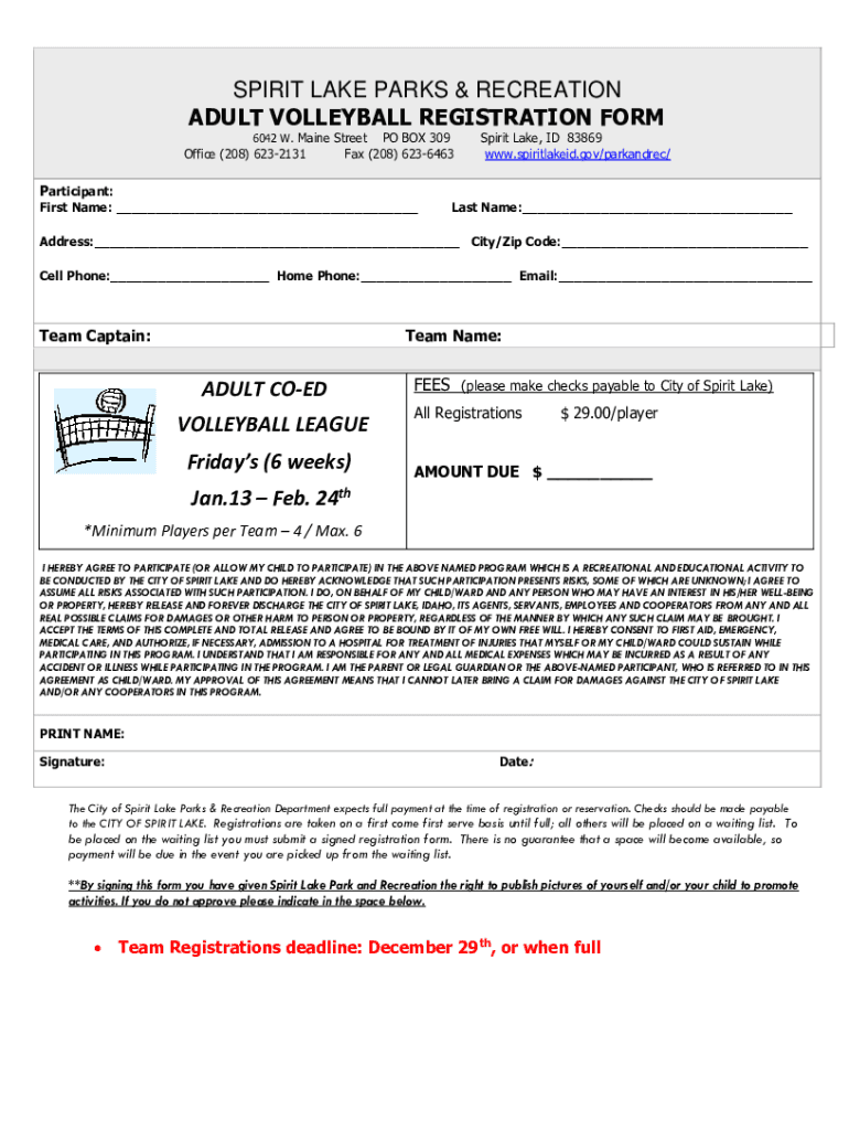 Fillable Online spirit lake parks & recreation adult volleyball ...