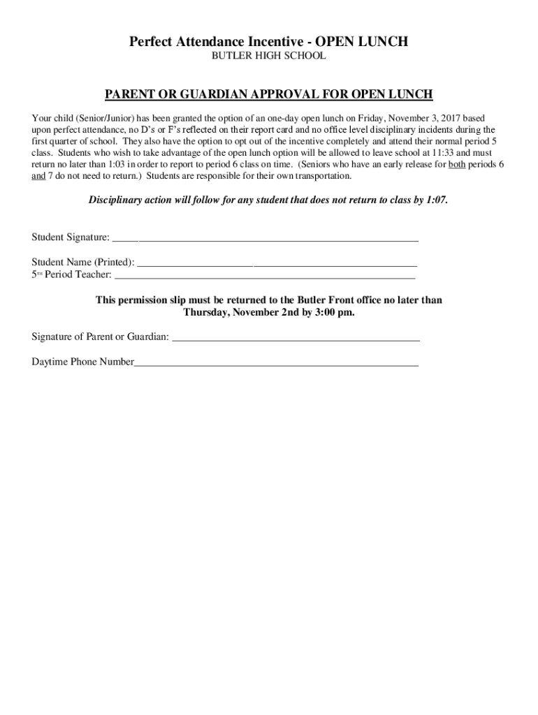 Fillable Online Perfect Attendance Incentive - OPEN LUNCH Fax Email ...