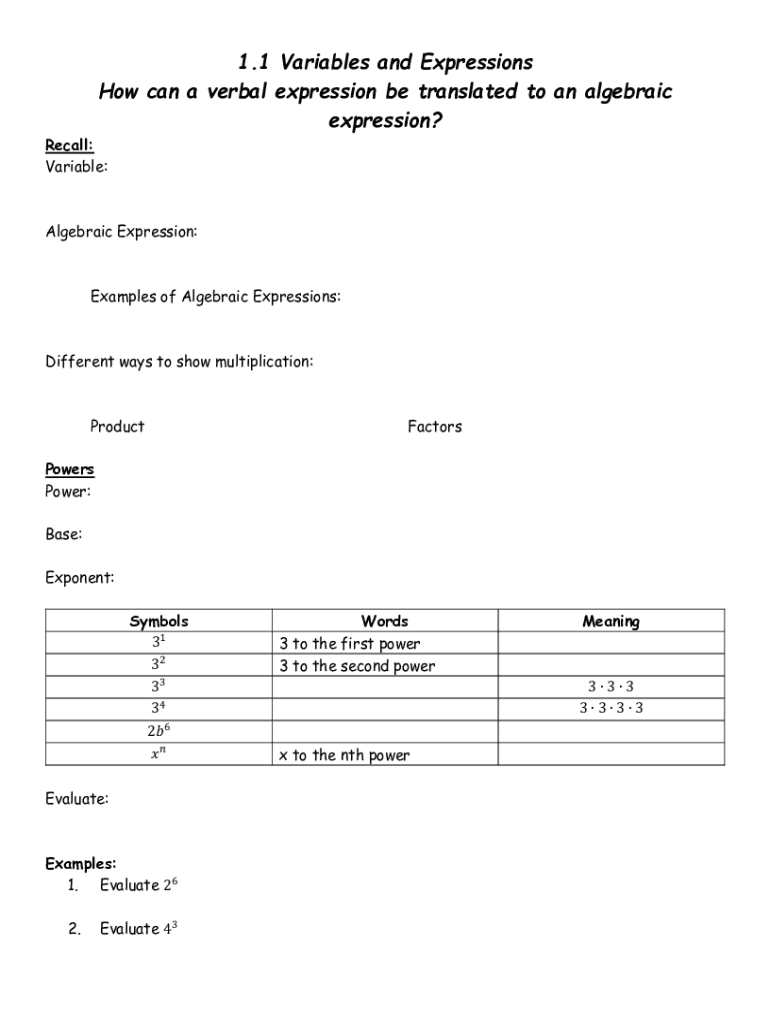 Fillable Online 1.1 Variables and Expressions How can a verbal ... Fax ...
