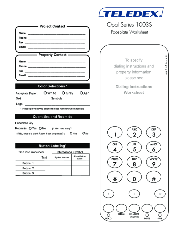 Fillable Online Faceplates-Opal Series - TELEDEX HOTEL PHONES Fax Email ...