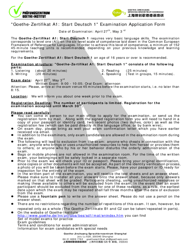 Fillable Online Start Deutsch 1" Examination Application Form - Goethe ...